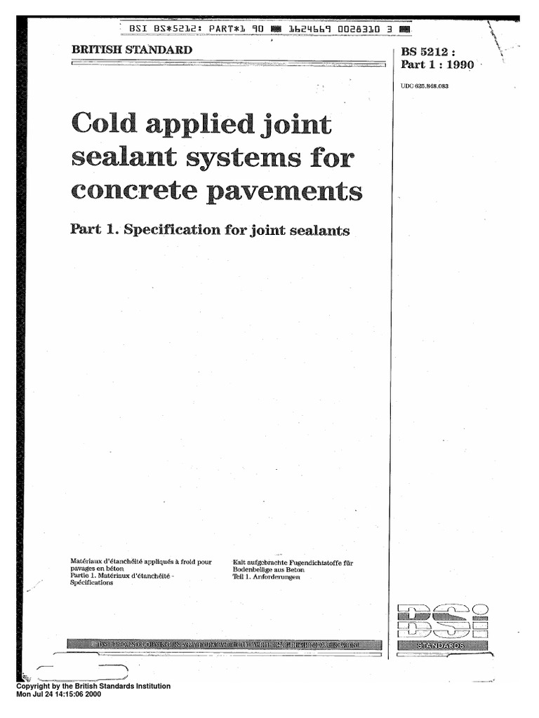 BS 5212-1-1990 Cold Applied Joint Sealant Systems For Concrete Pavements Part 1. Specification ...