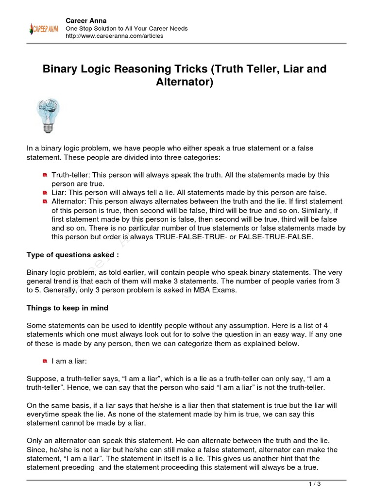 Binary Logic Reasoning Tricks PDF | PDF | Truth | Logic Binary Logic Reasoning Tricks PDF | PDF | Truth | Logic