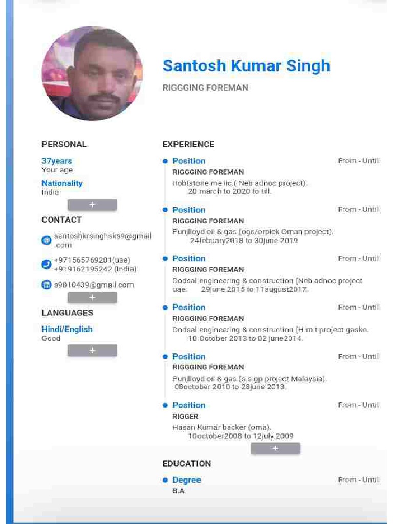Santosh Kumar Singh Riggging Foreman Biodata - Mo No 0675769201 PDF | PDF