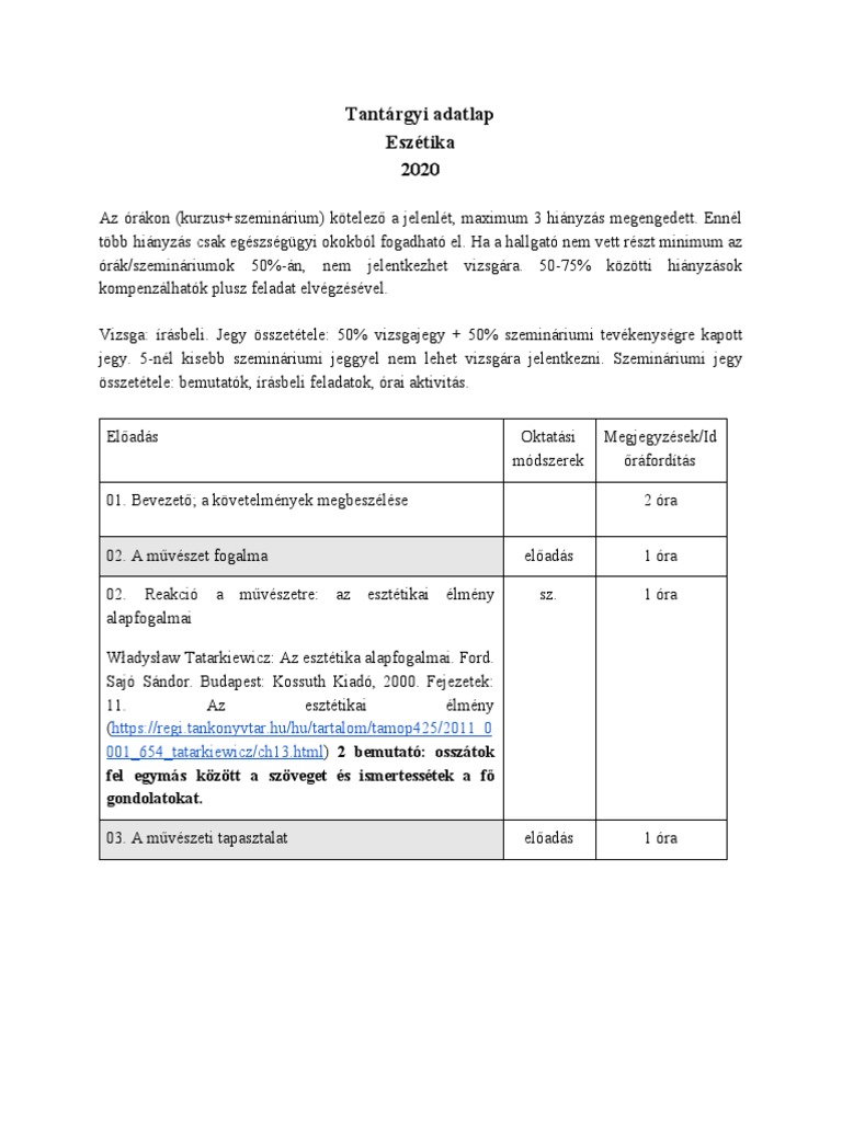 Eszétika Sillabusz - 2020 | PDF