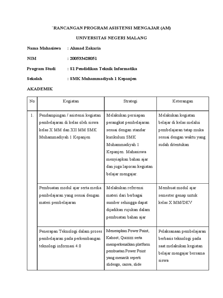 Rancangan Kegiatan Ahmad Zakaria | PDF