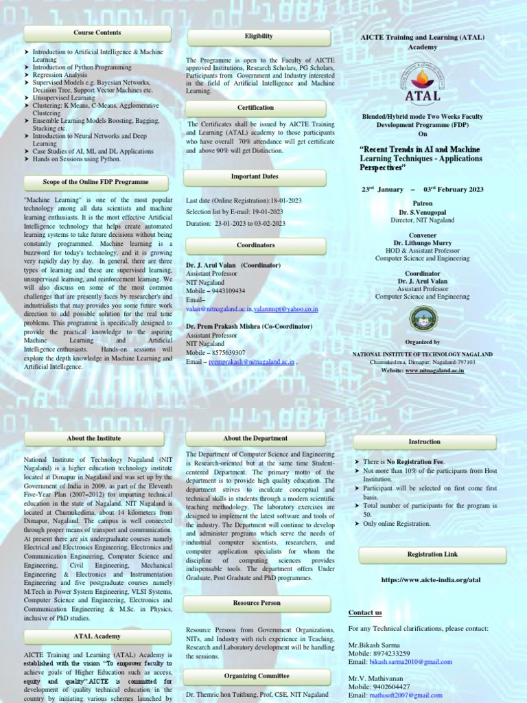 NIT Nagaland - Recent Trends in AI and ML - ATAL FDP Brouchure-1 | PDF | Machine Learning ...