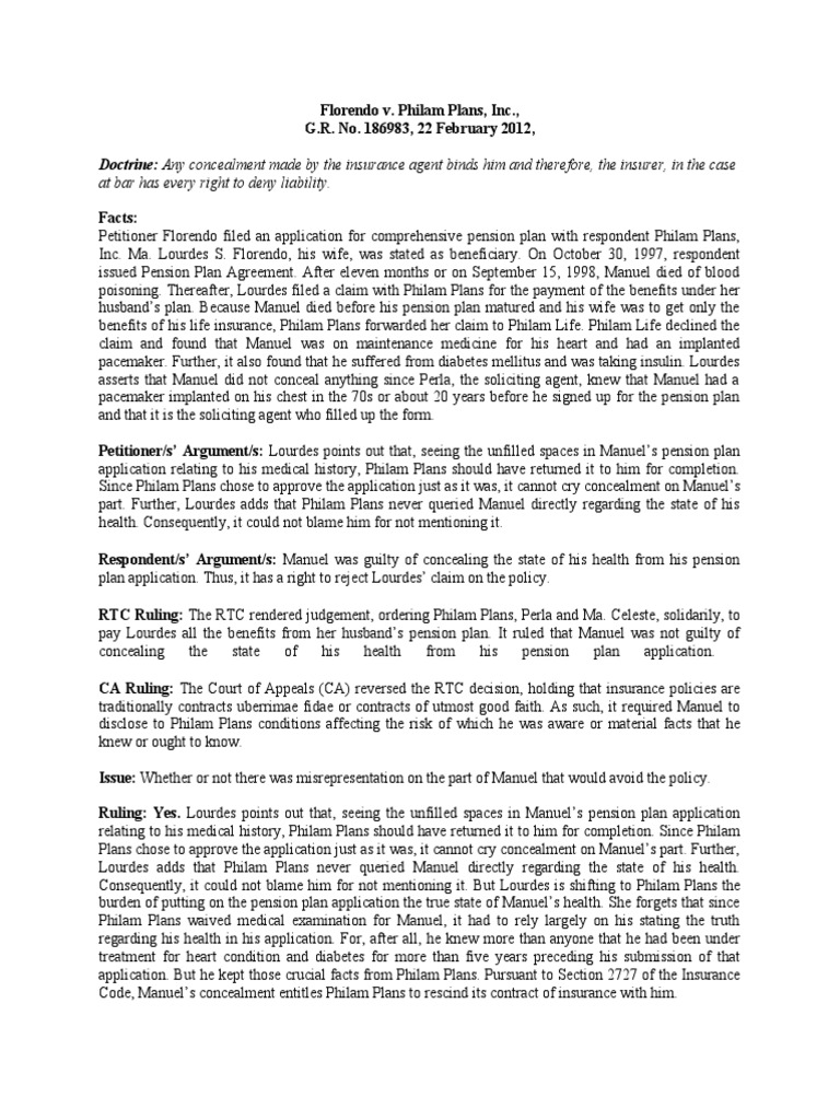 Florendo v. Philam Plans: Misrepresentation Case | PDF | Insurance ...