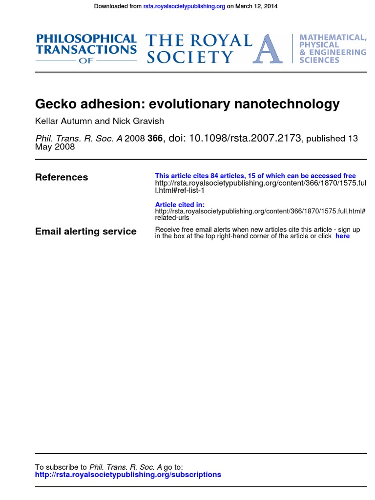 Gecko Adhesion Evolutionary Nanotechnology Phil TR PDF | PDF | Friction ...