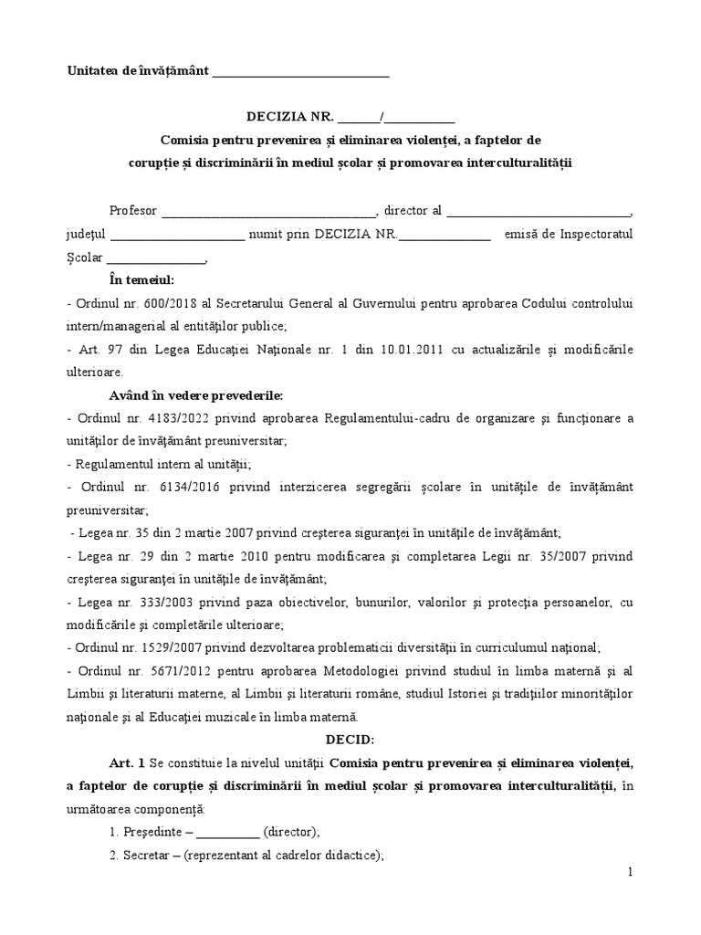 1 Decizie Numire Comisie Prevenire Si Eliminare Violenta | PDF
