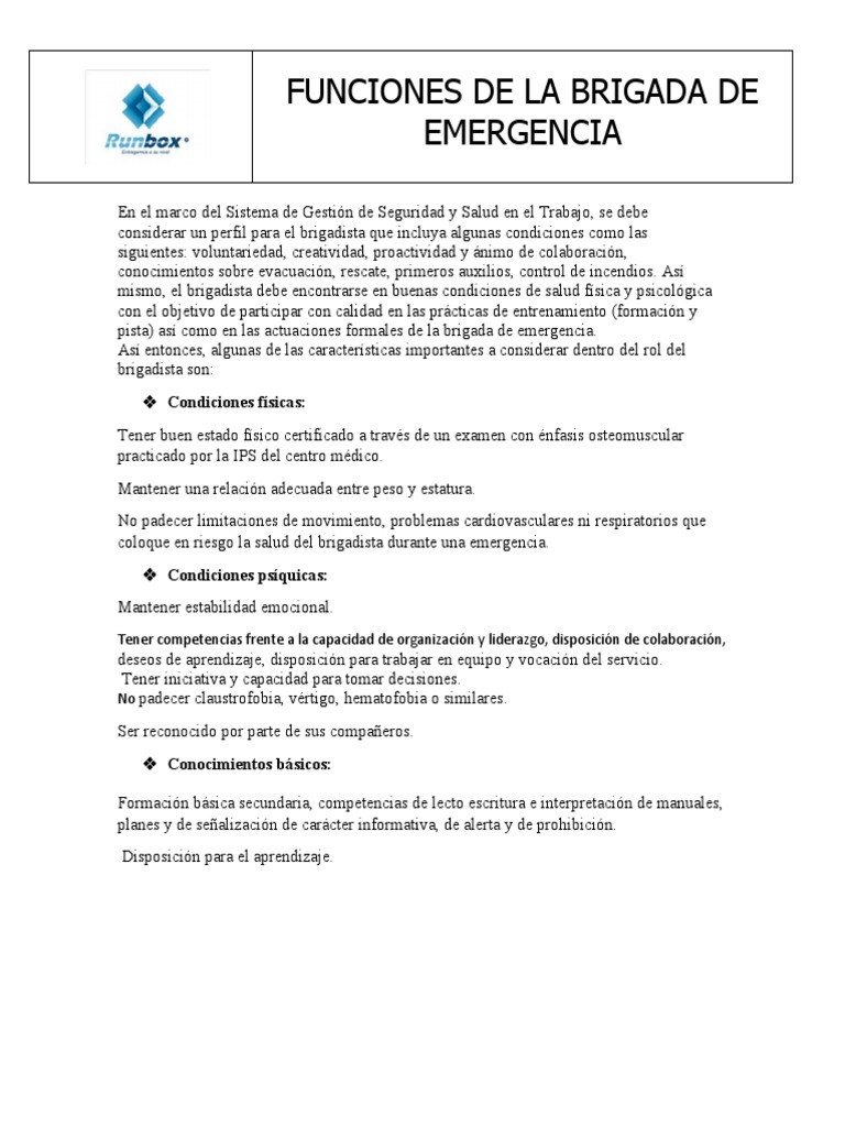 Funaciones de La Brigada de Emergencia | PDF | Primeros auxilios | Emergencia