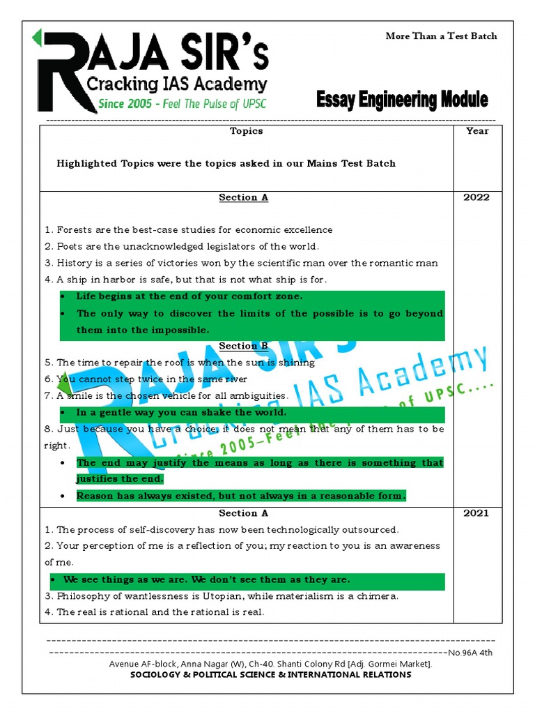 Previous Year Essays 1993 - 2022 Raja Sir's Cracking Ias | PDF | Science | Sociology