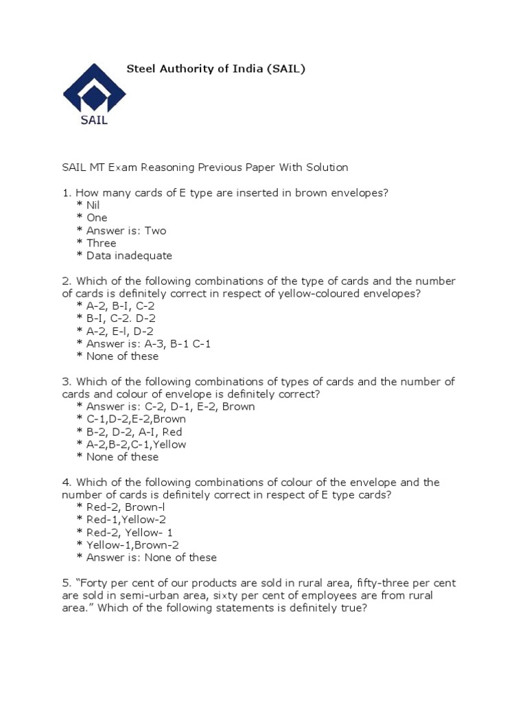 SAIL Placement Sample Paper 2 | PDF | Career & Growth
