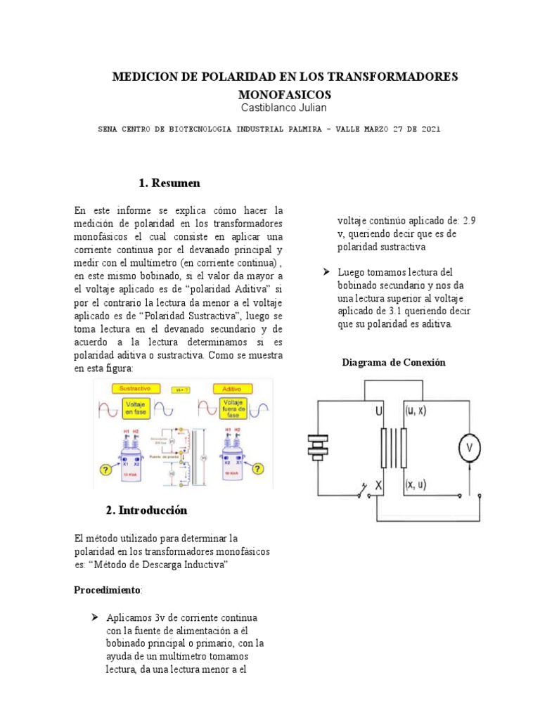 Medicion de Polaridad en Transfo Monofasico-Castiblanco | PDF | Transformador | Inductor