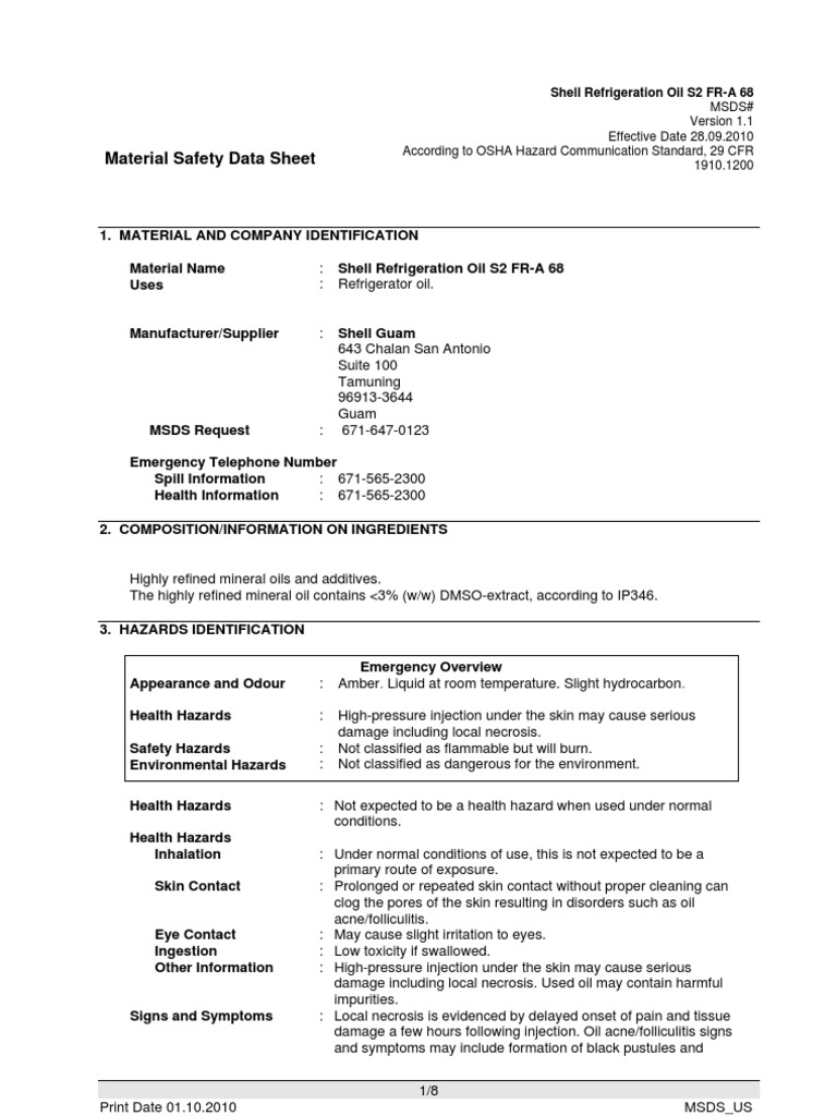 Shell Refrigeration Oil S2 FR-A 68 MSDS | PDF | Personal Protective ...