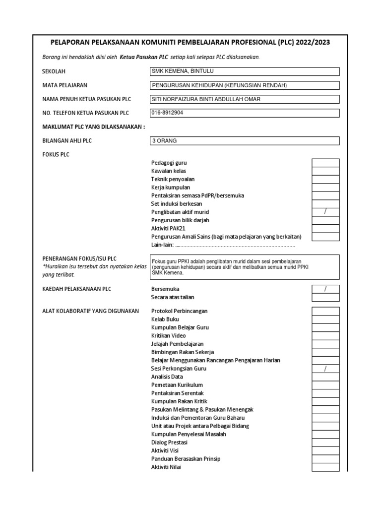 Borang Google Form PLC 2022 | PDF