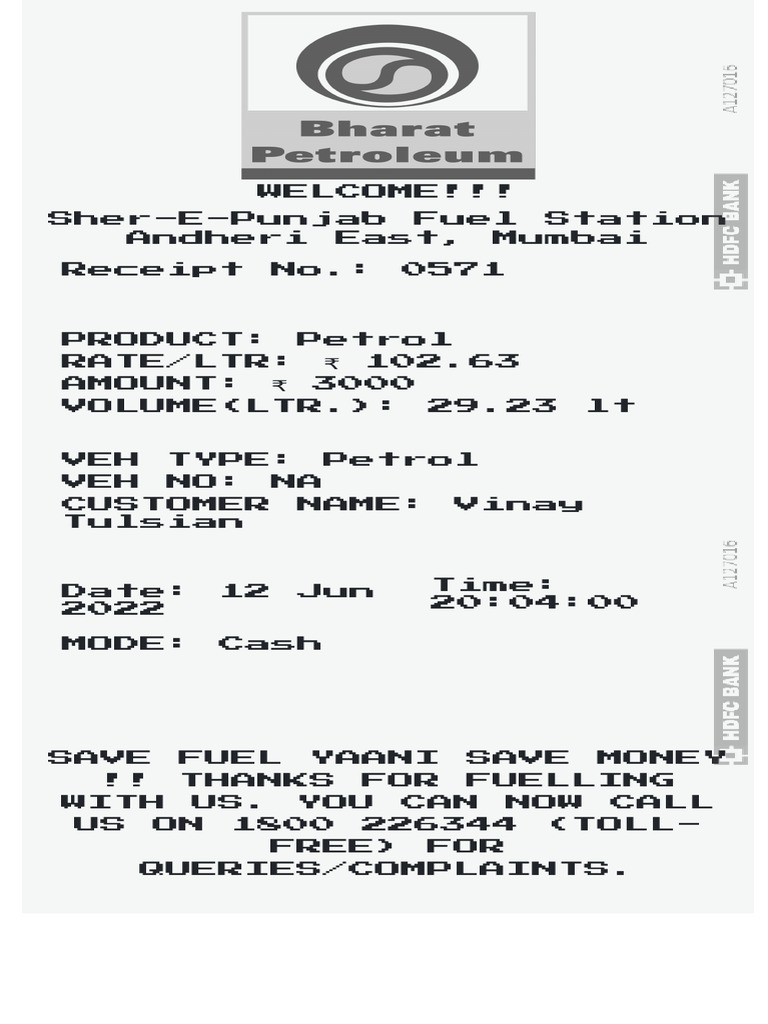 Petrol Bill Receipt - Sher-E-Punjab | PDF