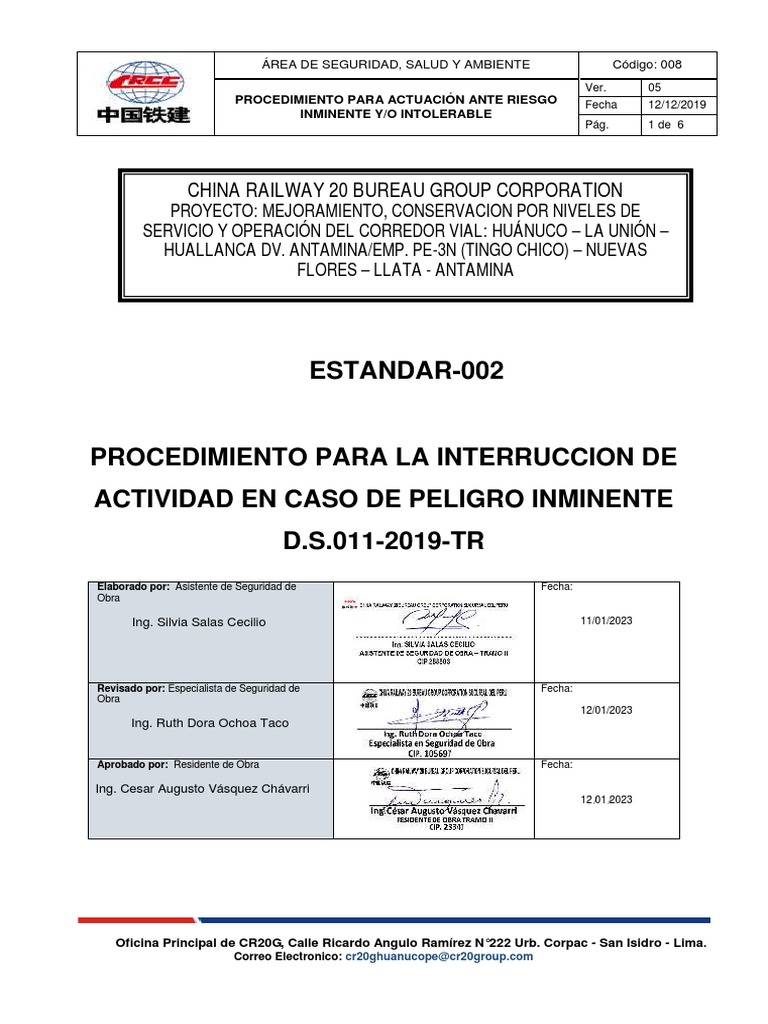 002 Procedimiento para La Interrupcion de Actividades en Caso de Peligro Inminente | PDF