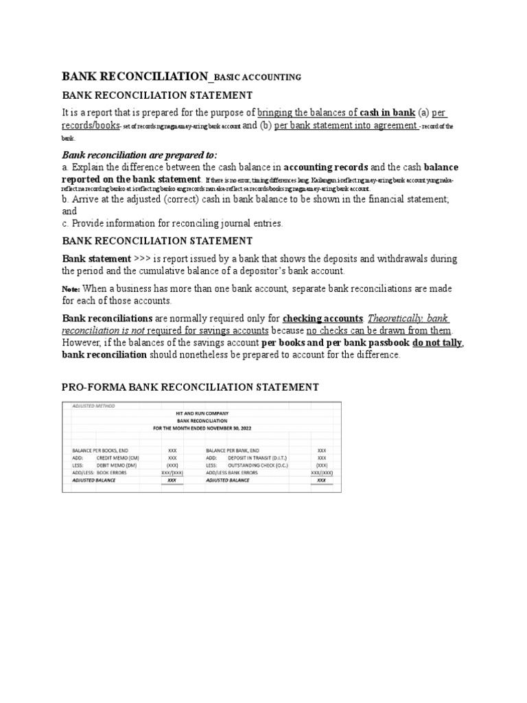 BANK RECONCILIATION Notes | PDF | Cheque | Deposit Account