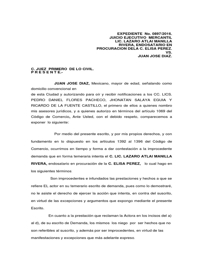 Contestacion de Demanda Ejecutiva Mercantil .Excepcion de Prescripcion ... Contestacion de Demanda Ejecutiva Mercantil .Excepcion de Prescripcion ...