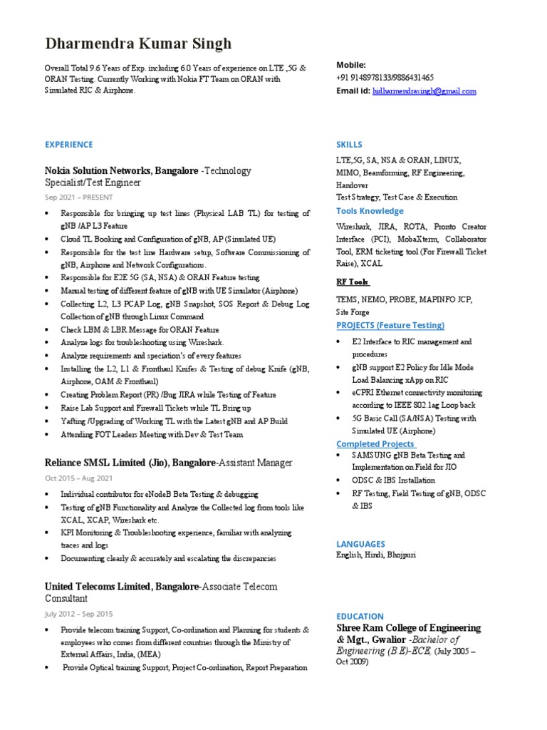 An Expert ORAN and 5G Test Engineer with Over 9 Years of Experience ...