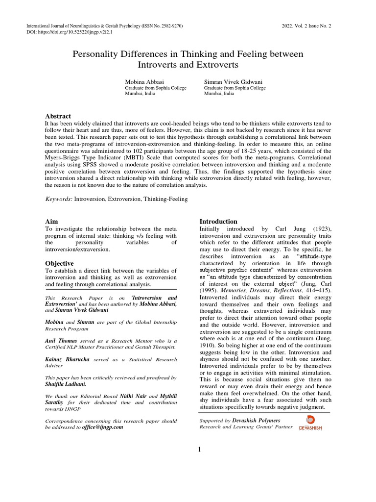 Personality Differences in Thinking and Feeling PDF | PDF | Extraversion And Introversion | Shyness