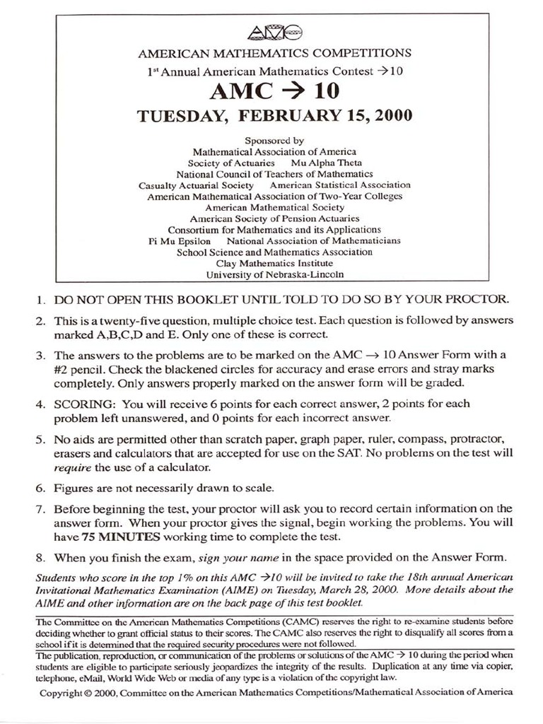 Amc 10 2000 PDF Mathematical Objects Elementary Geometry
