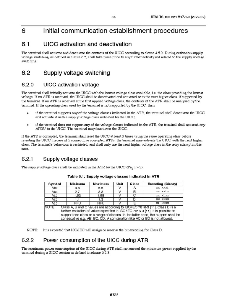 6 Initial Communication Establishment Procedures: 6.1 UICC Activation and Deactivation | PDF ...