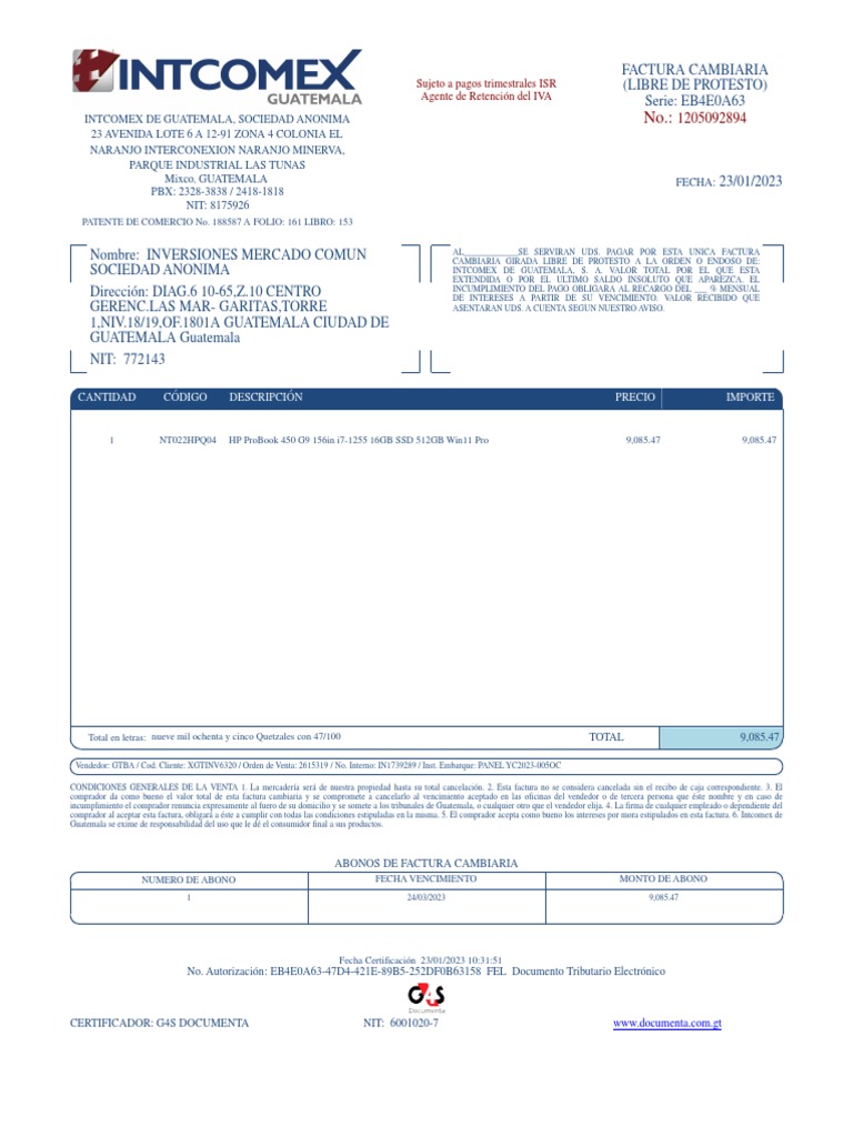 Factura Cambiaria Intcomex Guatemala | PDF | Bancos | Factura