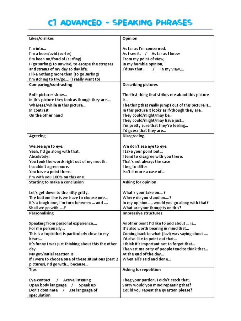 C1 Speaking Phrases and Tips | PDF | Self-Improvement | Wellness