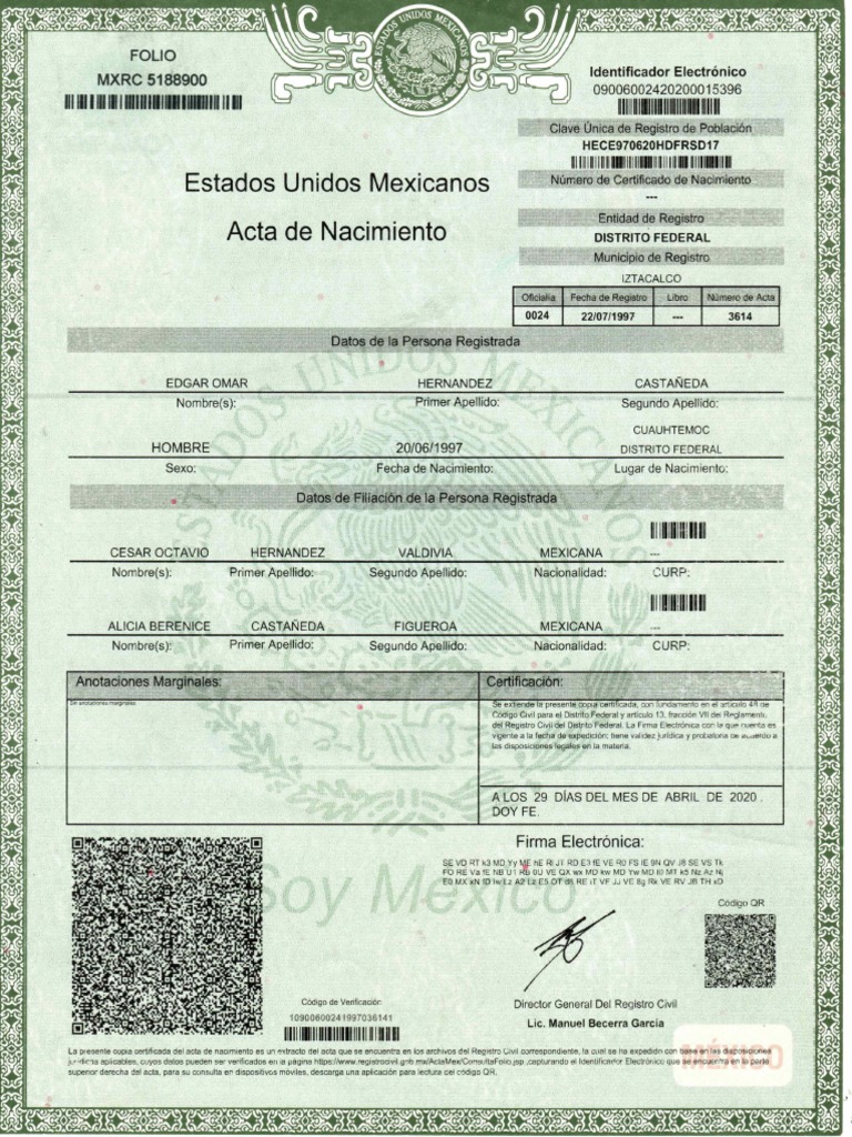 Acta de Nacimiento | PDF