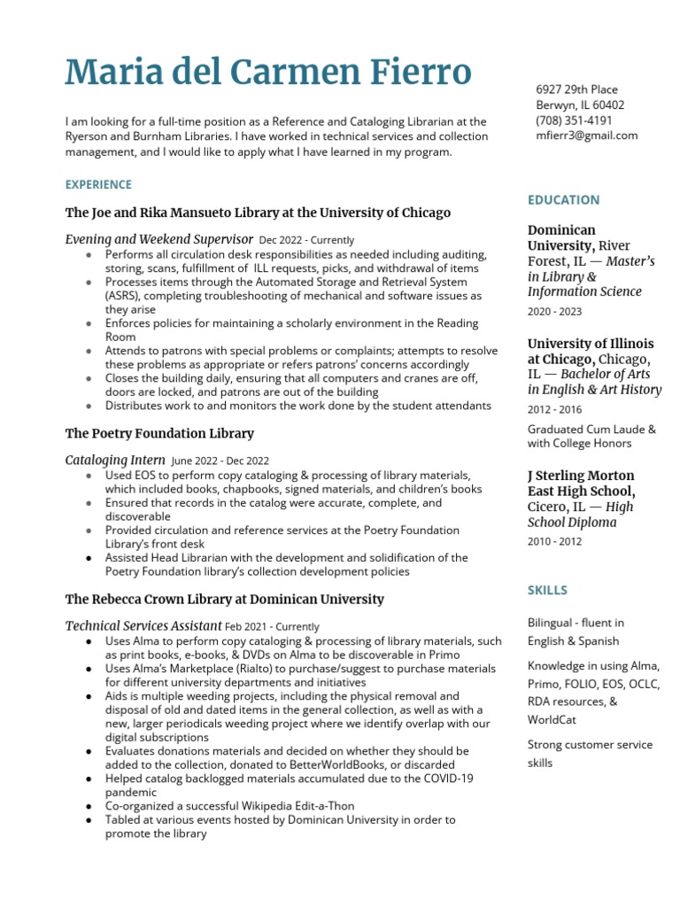 Resume For Eportfolio | PDF | Libraries | Library Science
