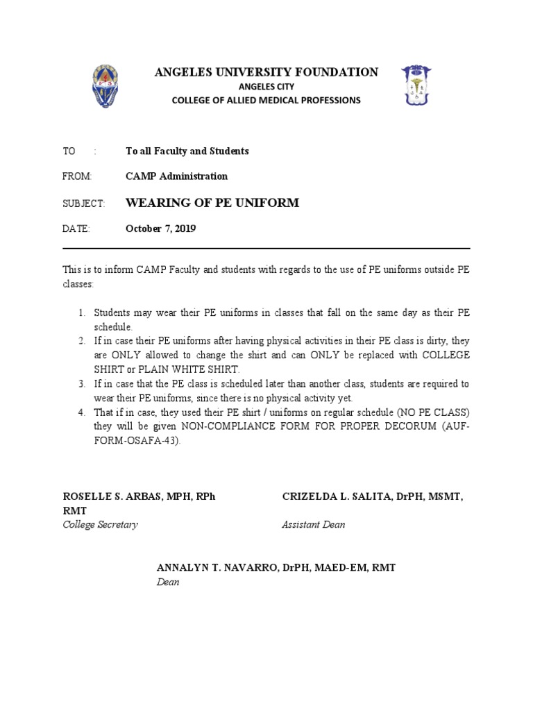 PE Uniform Guidelines for CAMP | PDF