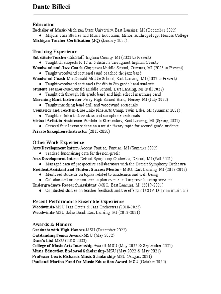 Dante Billeci Resume For Website | PDF | Travel | Art