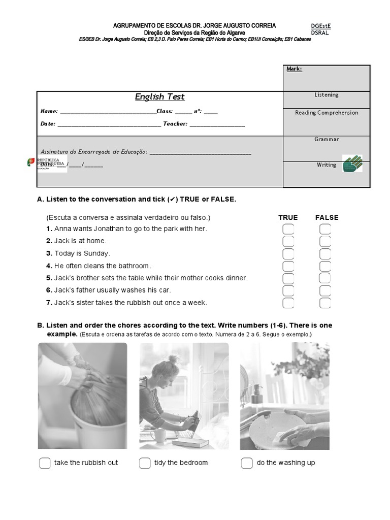 Teste de Inglês 6º Ano 1º Período | PDF | Food And Drink | Cuisine