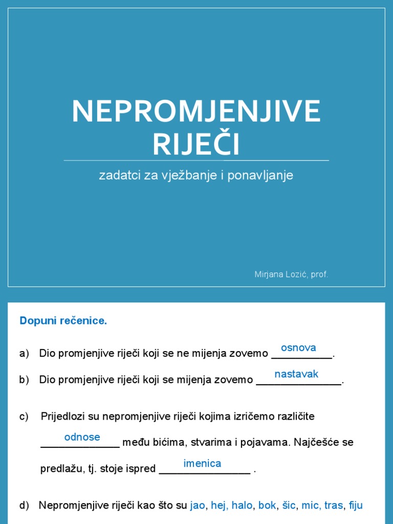 Nepromjenjive Vrste Rijeci - Ponavljanje Mirjana Lozic 0 | PDF