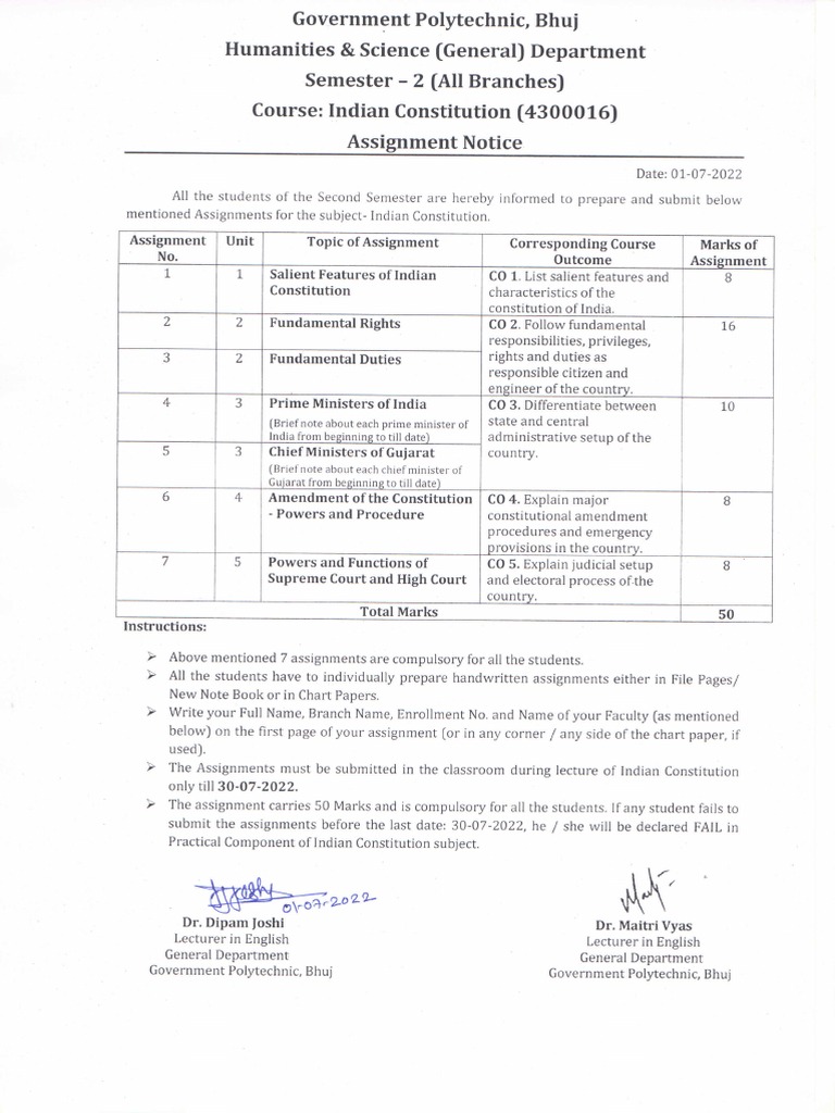 Assignment Notice - Indian Constitution | PDF