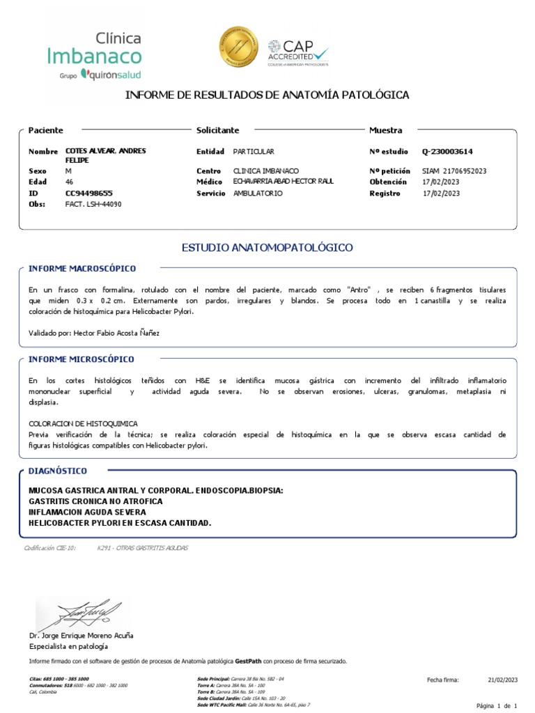 Informe de Resultados de Anatomía Patológica: Estudio Anatomopatológico ...
