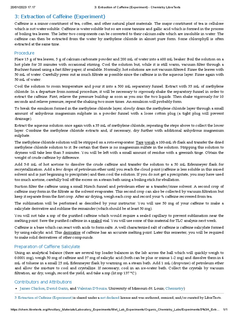 3 - Extraction of Caffeine (Experiment) - Chemistry LibreTexts | PDF ...