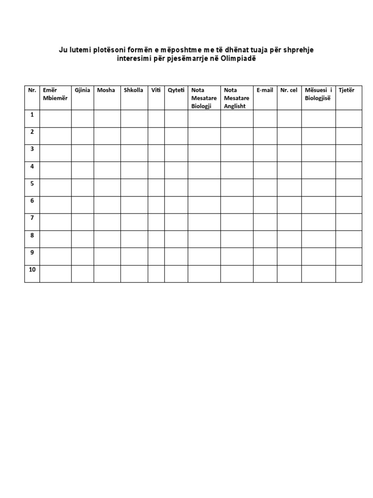 Formular Rregjistrimi I Brain Bee Albania | PDF