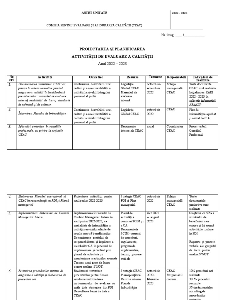 Plan de Activitati CEAC | PDF