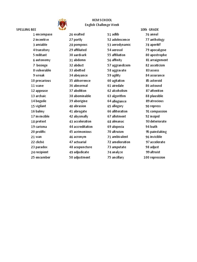 English Challenge Week Spelling Bee for 10th Grade | PDF