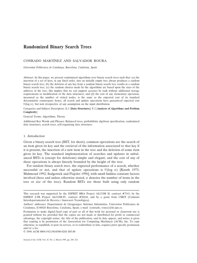 Martinez Roura Randomized Binary Search Trees Pdf Algorithms And Data Structures Computer 7843