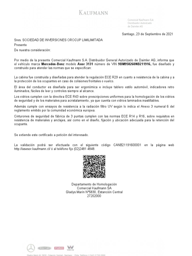 Certificación ECE R29 Mercedes-Benz Axor | PDF