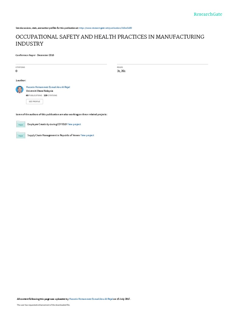 Occupational Safety and Health Practices in Manufacturing Industry | PDF | Occupational Safety ...