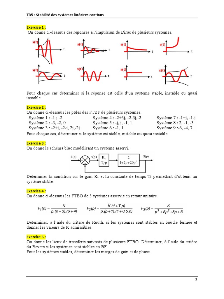 Exercices td5 Stabilité+corrige | PDF | Automatisation | Électricité