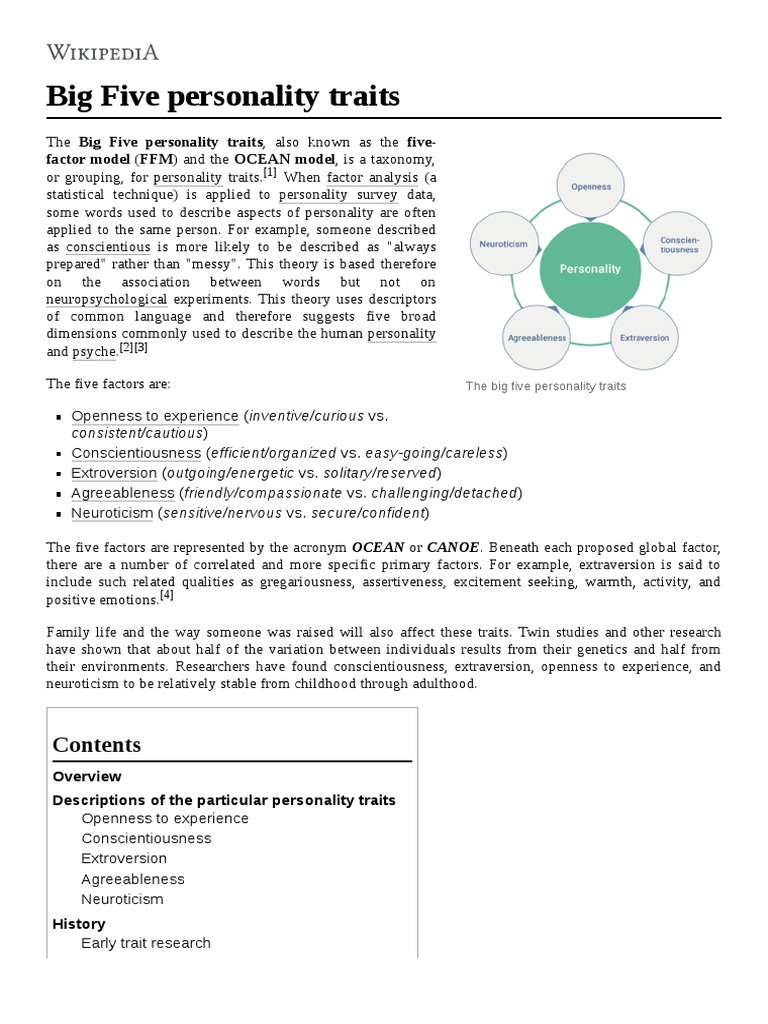 Big Five Personality Traits PDF | PDF | Extraversion And Introversion | Temperament