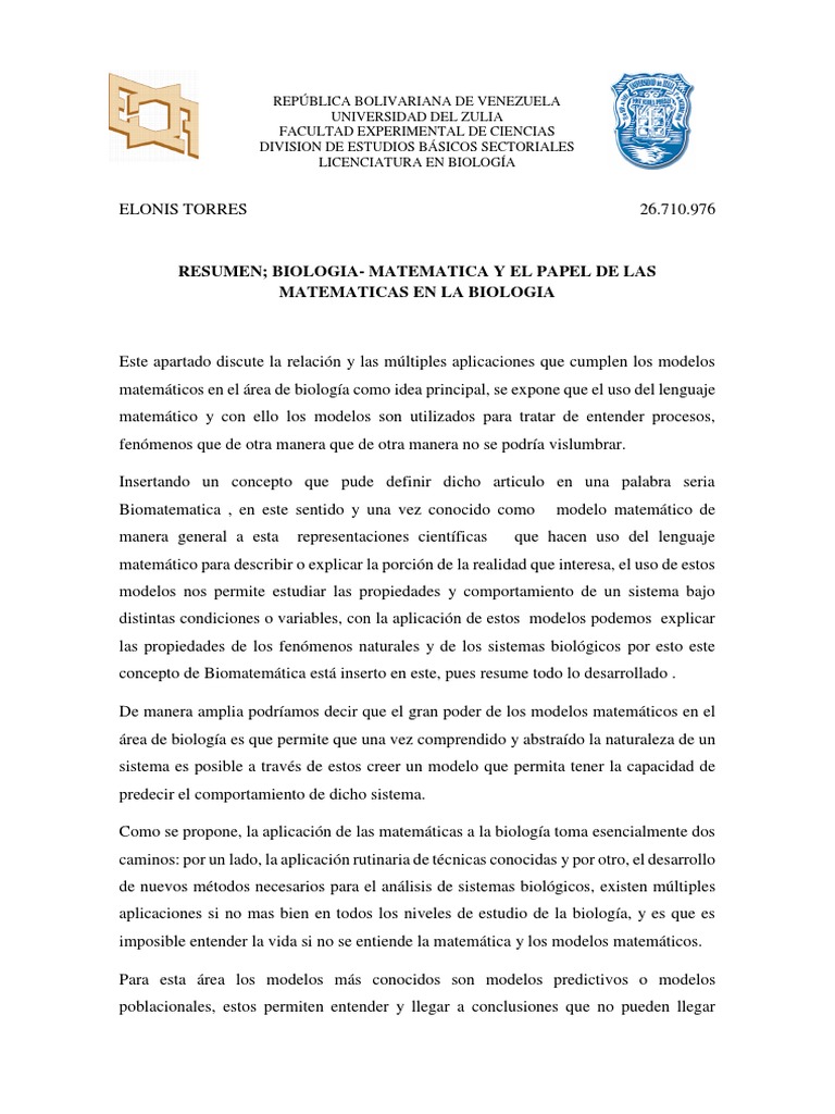 BIOLOGIA MATEMATICA Y EL PAPEL DE LAS MATEMATICAS EN LA BIOLOGIA ...