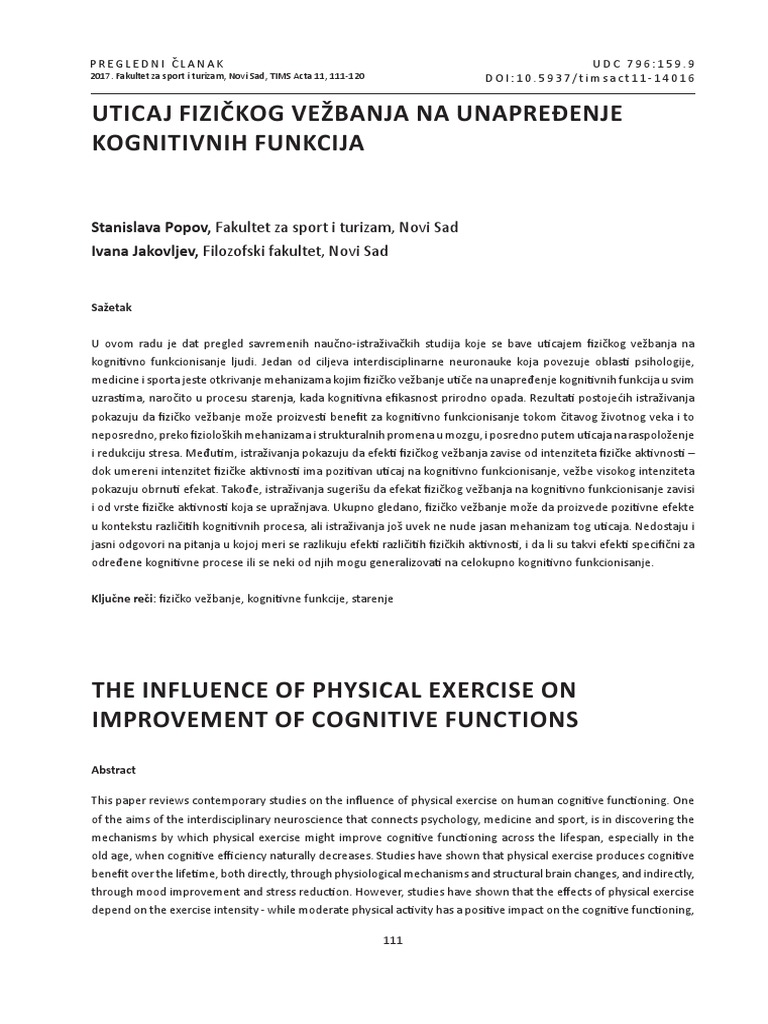 Uticaj Fizickog Vezbanja Na Unap Ređenje Kognitivnih Funkcija | PDF