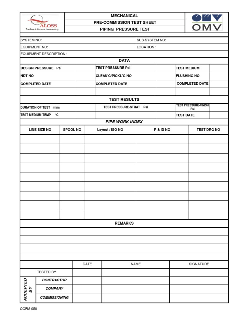 Piping Pressure Test Report Template | PDF