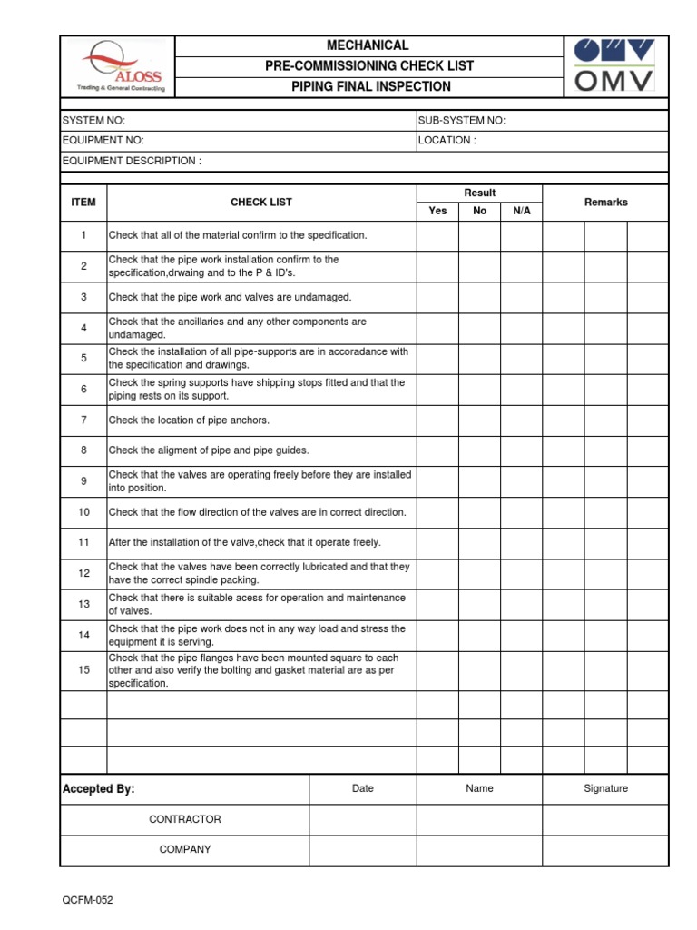 Piping Pre-Commissioning Checklist | PDF