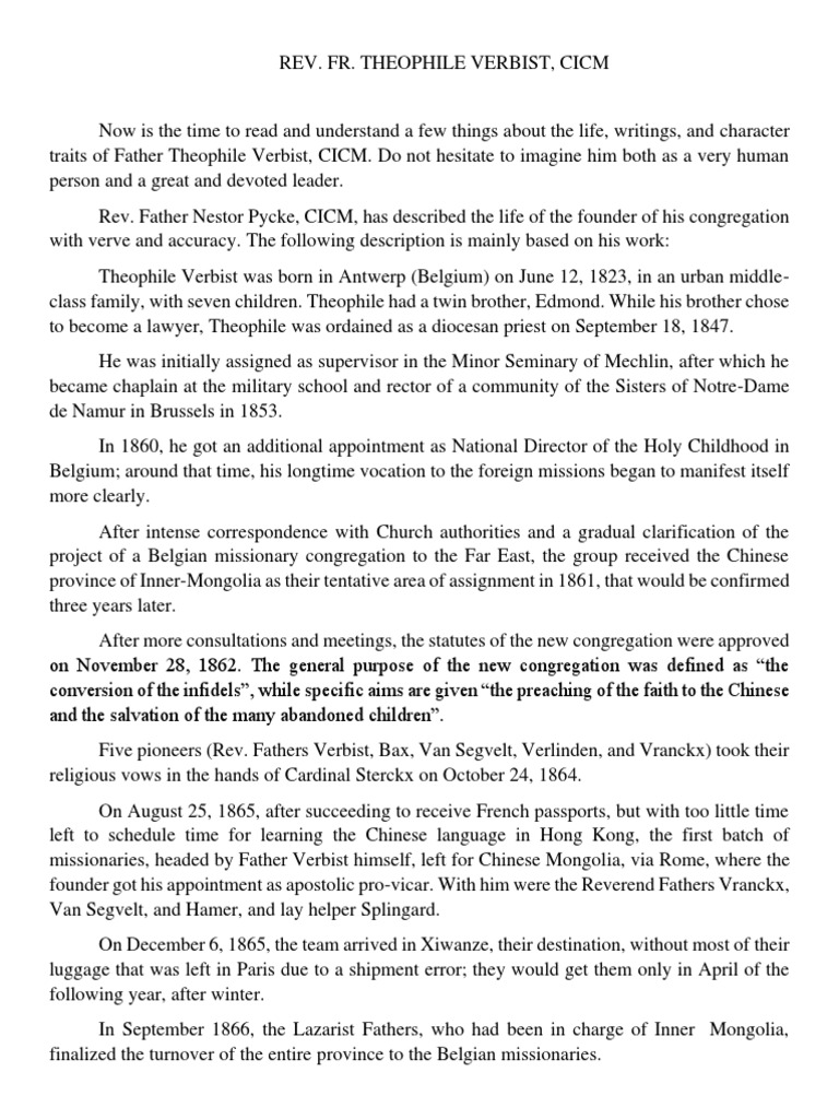Rev. Fr. Theophile Verbist Cicm | PDF