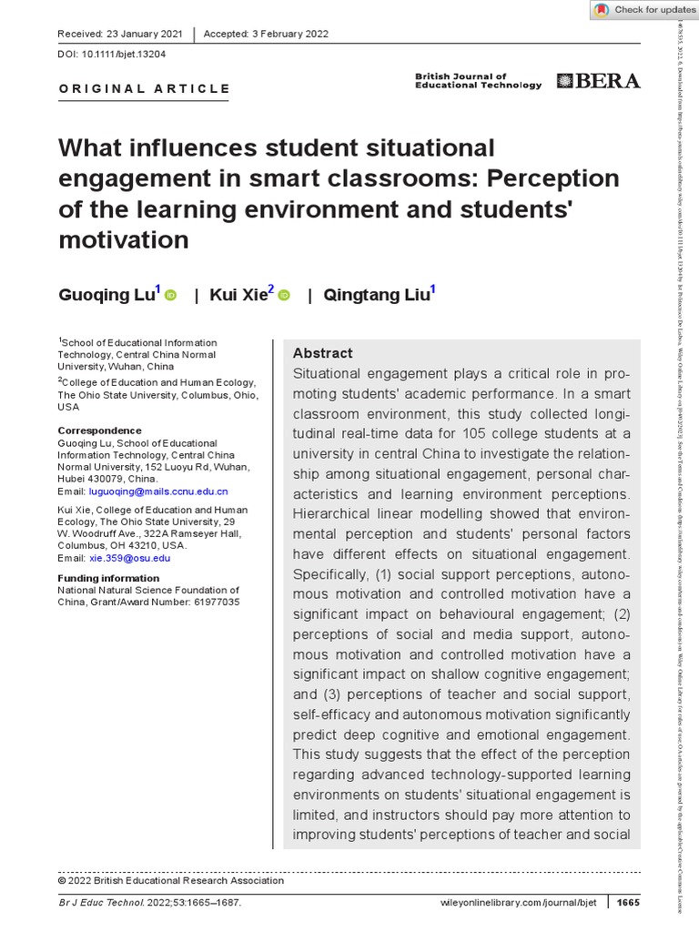Brit J Educational Tech - 2022 - Lu - What Influences Student Situational Engagement in Smart ...