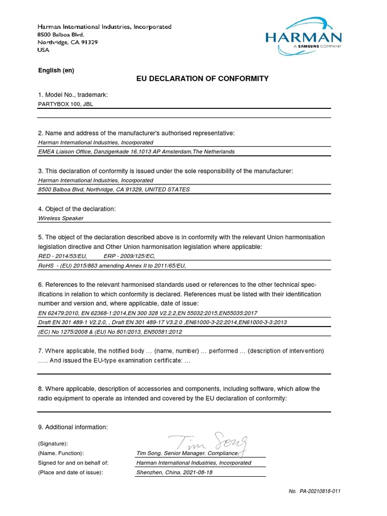 JBL Partybox 100 Conformity Declaration | PDF | European Union Law ...