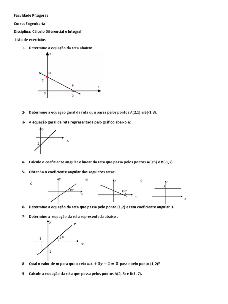 Lista De Exercícios Sobre Equações De Retas Funções Quadráticas E